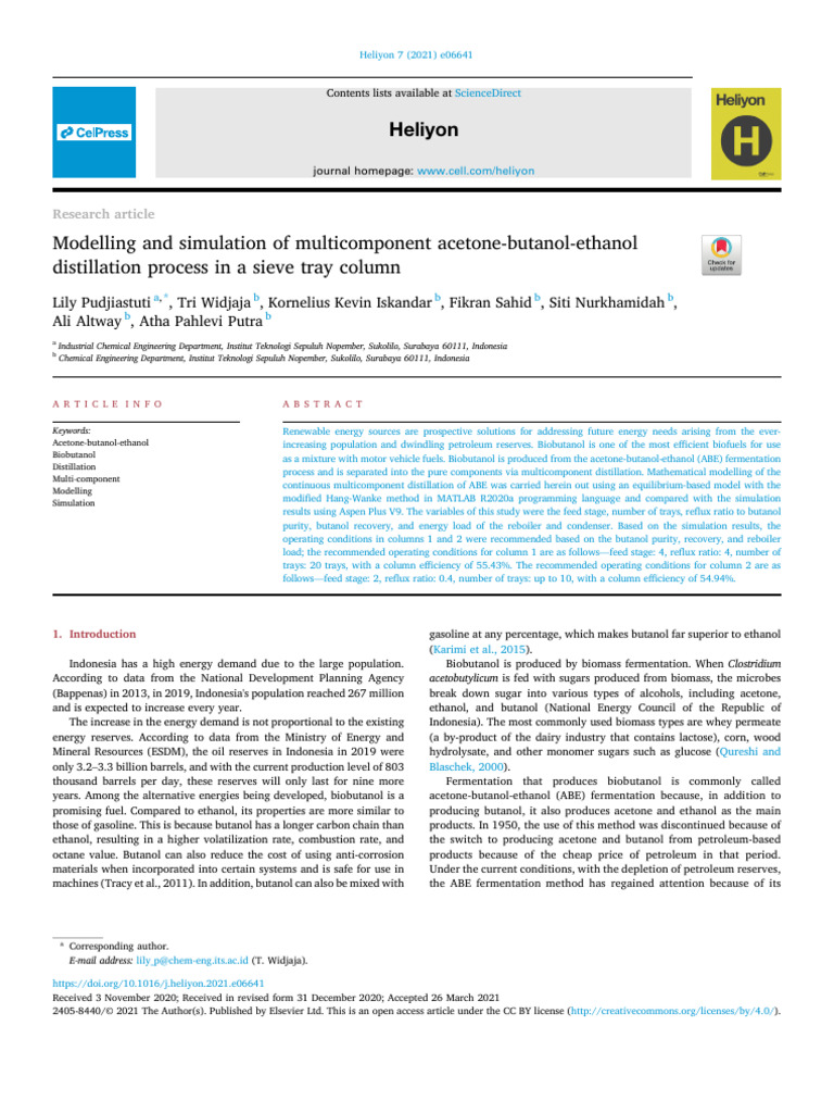 Modelling and Simulation of Multicomponent Acetone-Butanol-Ethanol ...