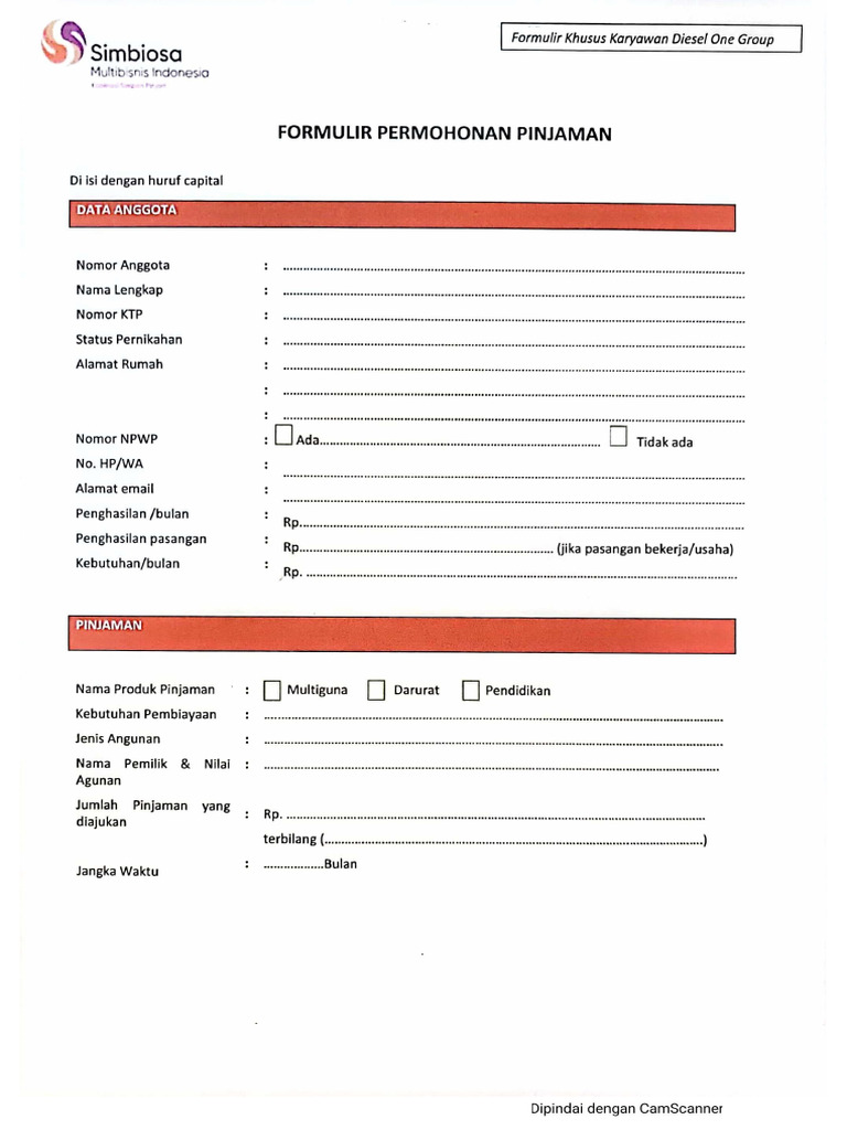 Formulir Permohonan Pinjaman Koperasi Simbiosa | PDF