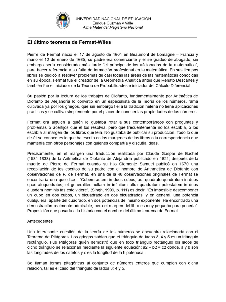 El Último Teorema de Fermat-Wiles | PDF | Axioma | El último teorema de ...