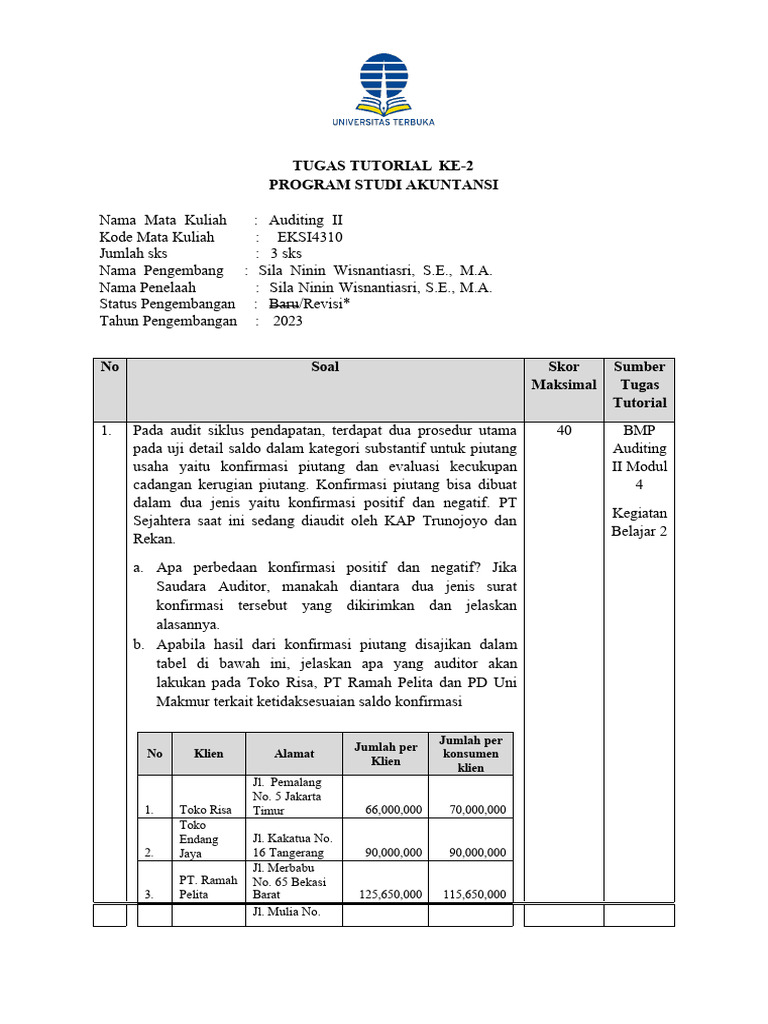Jawaban Tugas 2 - Auditing II | PDF | Bisnis | Pengelolaan Keuangan & Uang