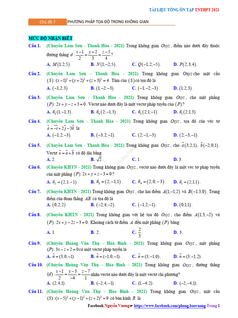 Tong On Tap TN THPT 2021 Mon Toan Phuong Phap Toa Do Trong Khong Gian | PDF