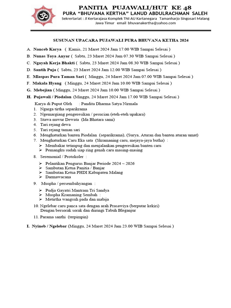 Susunan Acara Piodalan Pura Bhuwana Kertha 2024 | PDF