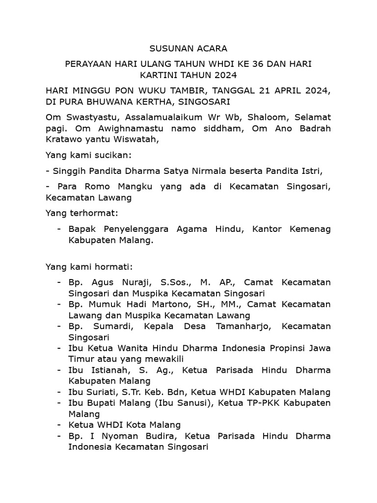 Susunan Acara Hut Xxxvi Whdi | PDF