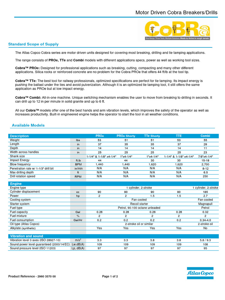 Atlas Copco Cobra Series Product Reference Sheet (Imperial) | Download ...