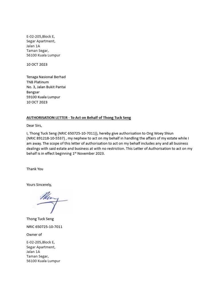 Letter of Authorisation From Thong Tuck Seng | PDF | Finance & Money Management | Home & Garden