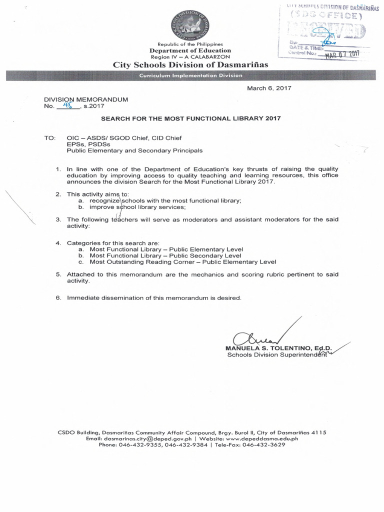 0956 - Division Memorandum No. 45, S. 2017 | PDF | Information Literacy | Libraries