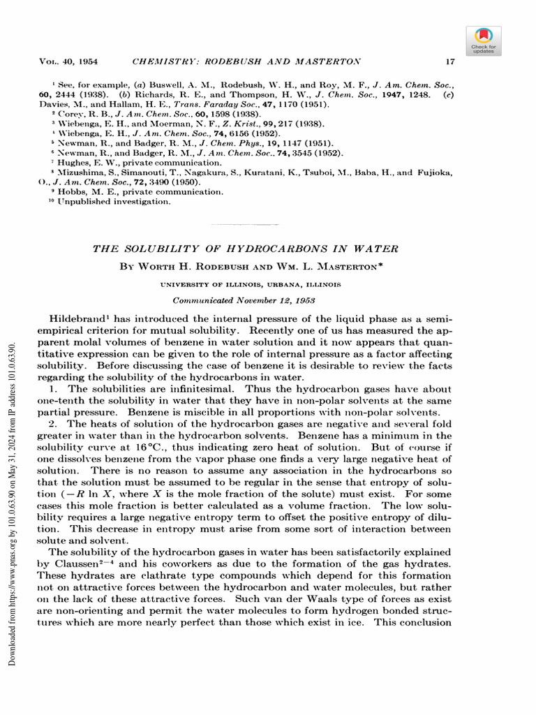 Rodebush Masterton 1954 The Solubility of Hydrocarbons in Water ... Rodebush Masterton 1954 The Solubility of Hydrocarbons in Water ...