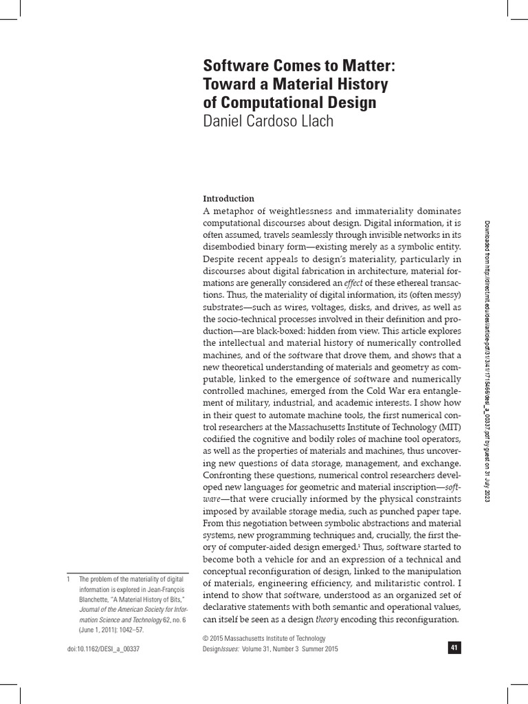 LLACH - Software Comes To Matter Toward A Material History of Computational Design | PDF ...