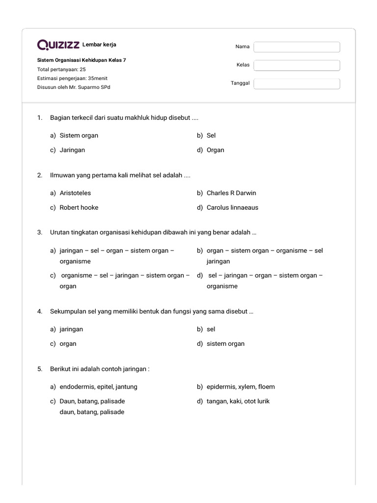 Sistem Organisasi Kehidupan Kelas 7 - Quizizz | PDF | Sains & Matematika