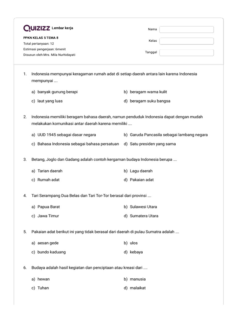 PPKN Kelas 5 Tema 8 - Quizizz | PDF | Perjalanan