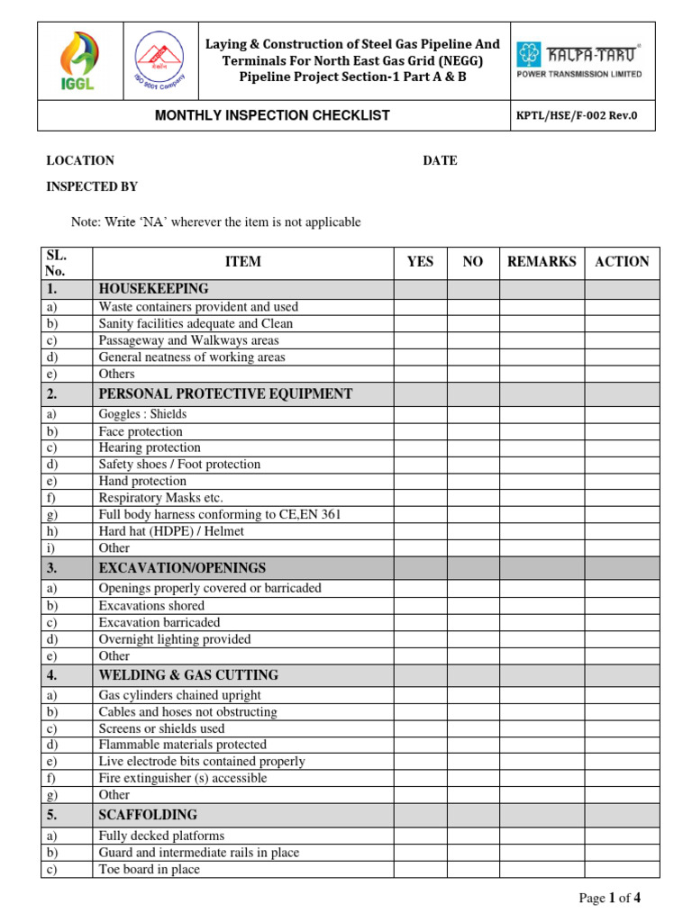 Monthly HSE Inspection Checklist | PDF | Safety
