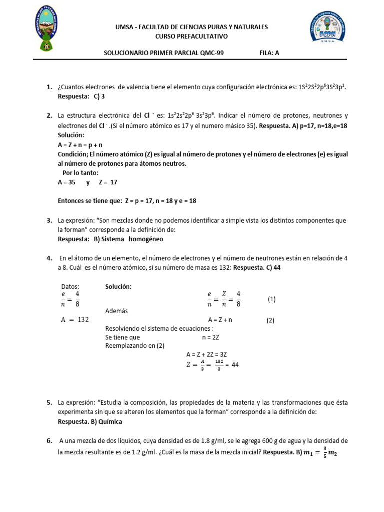 SOLUCIONARIO 1er Parcial QMC 99 A | PDF | Átomos | Protón