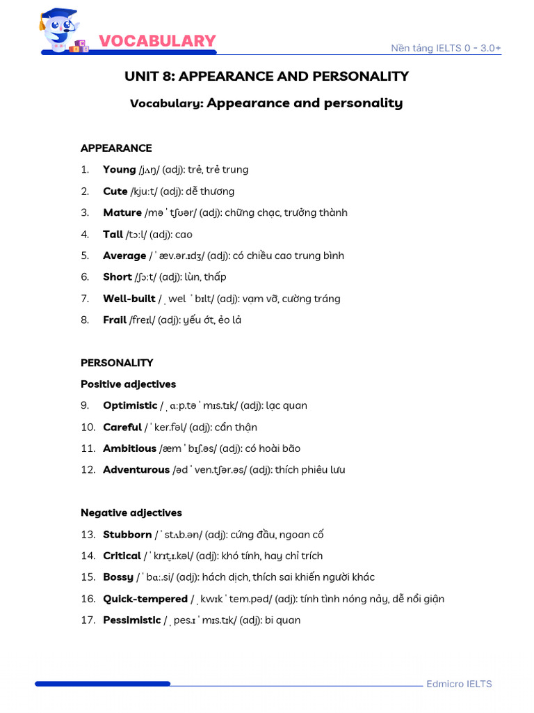 Khóa 0-3.0 - Unit 8 - Appearance and Personality | PDF