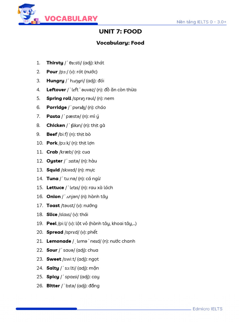 Khóa 0-3.0 - Unit 7 - Food | PDF