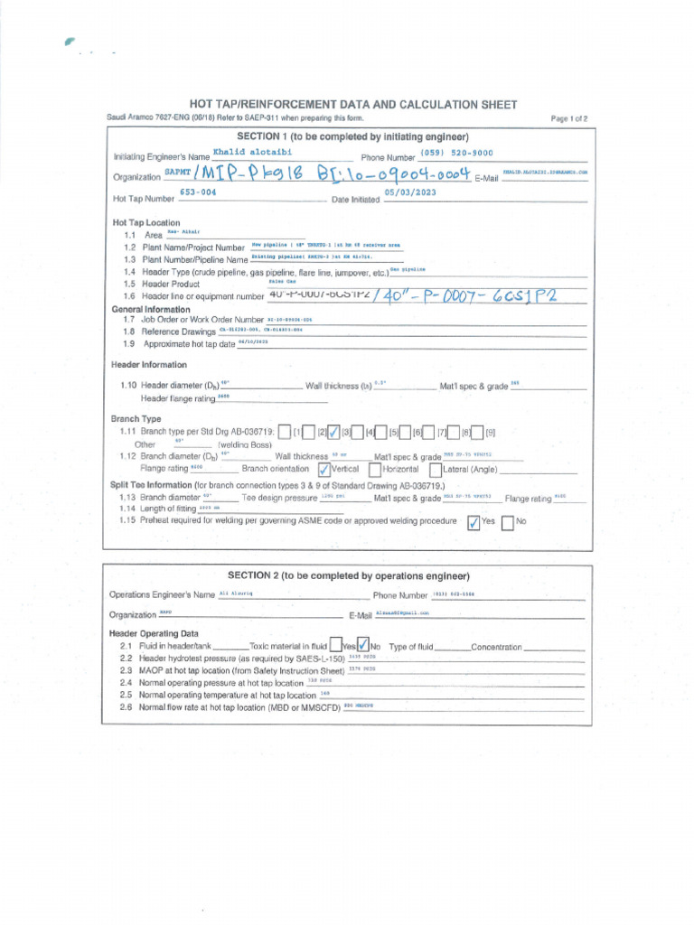 Hot Tap Calculation Sheet For Khursaniyah Area - Singed | PDF