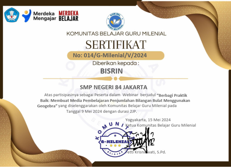 2b. SERTIFIKAT Praktik Baik KOMBEL Membuat Media GEOGEBRA + | PDF | Karier & Perkembangan | Ilmu ...