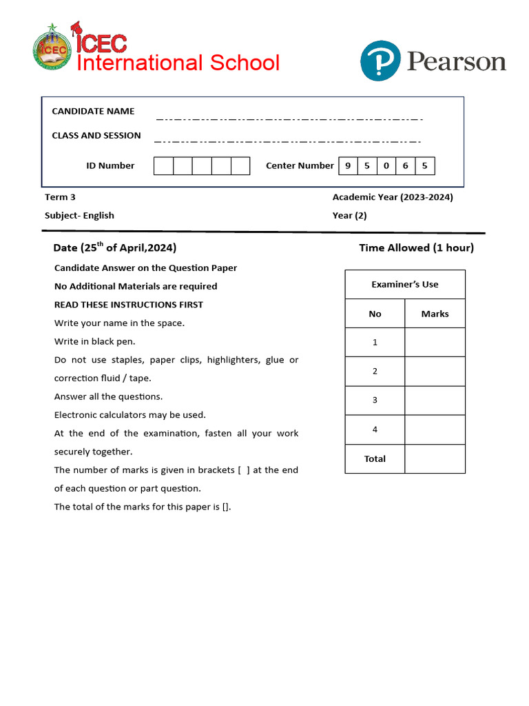 Year 2 English Exam Paper Term 3 | PDF | Noun | English Language