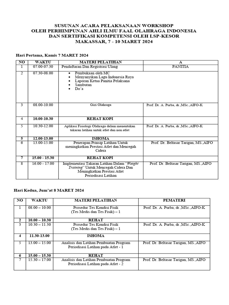 Jadwal Workshop Dan Uji Kompetensi Aifo 2024 | PDF