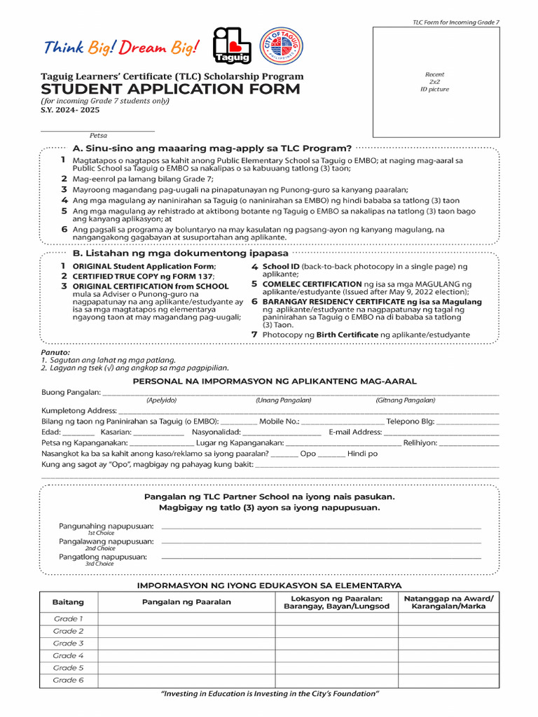 2024 2025 TLC Scholarship Application Form | PDF