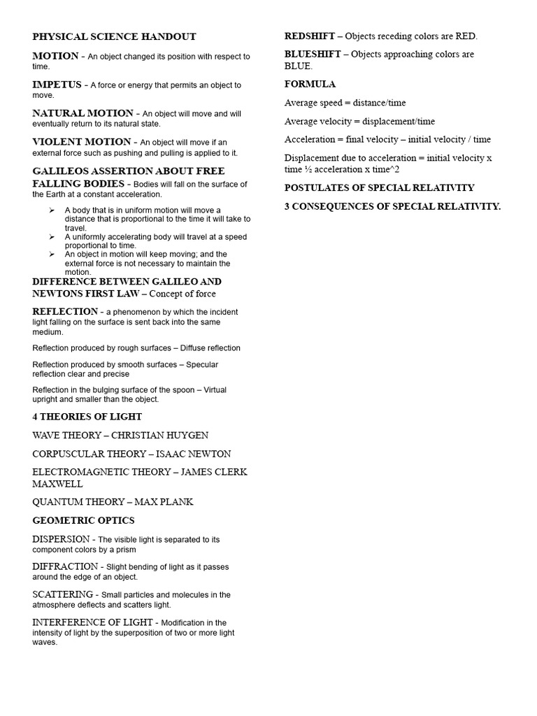 Physical Science Handout | PDF | Light | Force