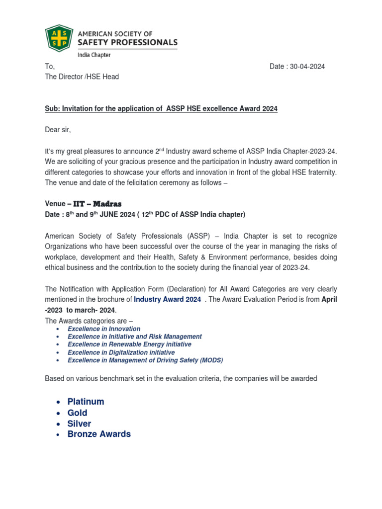 ASSP India HSE Excellence Awards 2024 | PDF | Risk | Risk Management