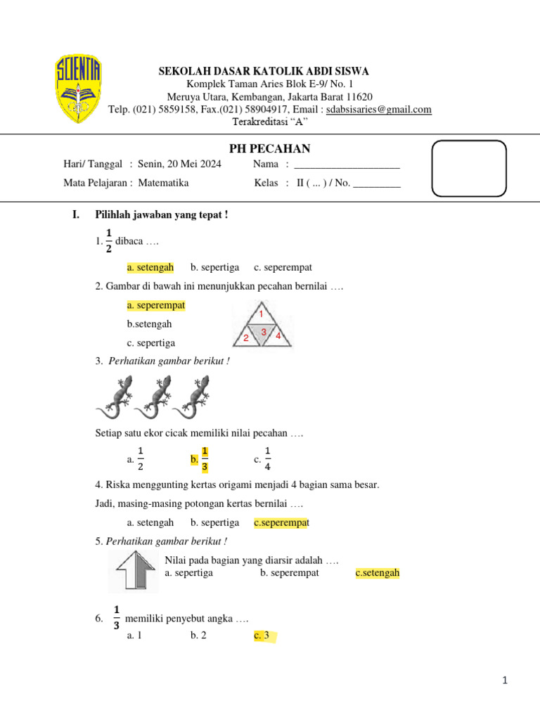 Soal Pecahan Kelas 2 SD | PDF