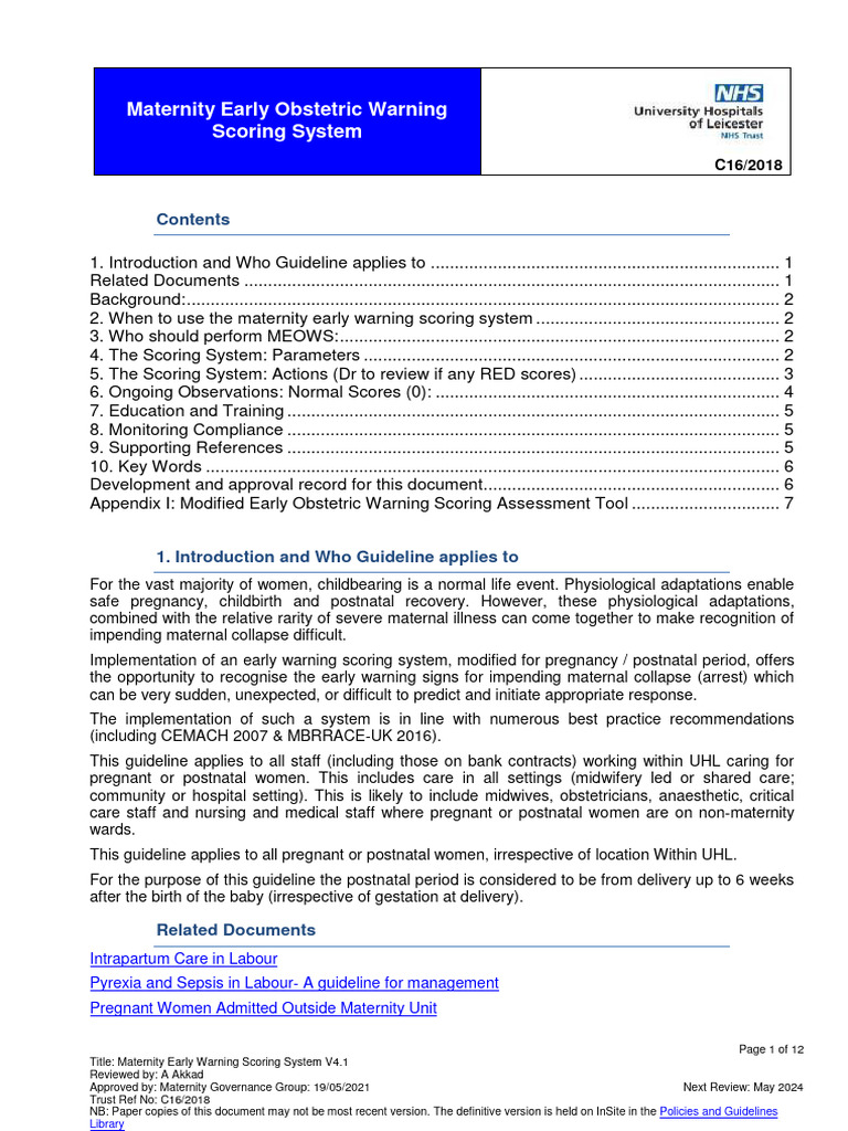 Maternity Early Obstetric Warning Scoring System UHL Obstetric ...