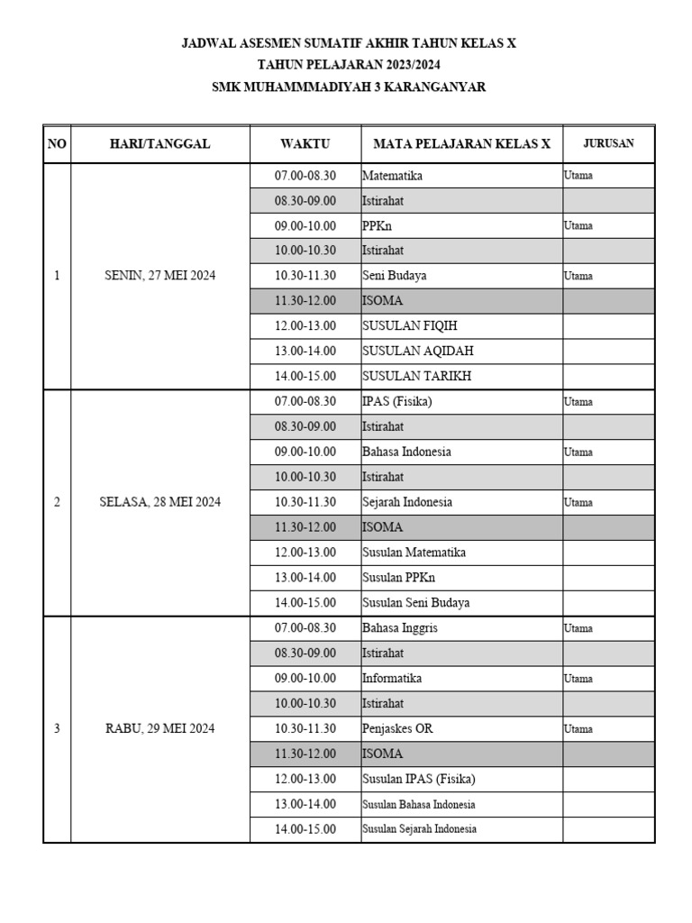 Jadwal Asat Genap X - Xi 24 | PDF