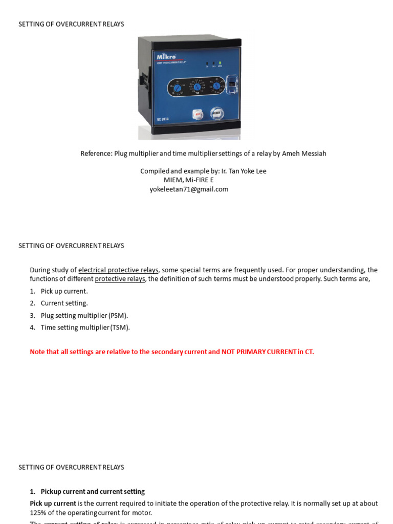 Setting of Overcurrent Relays | PDF | Relay | Electrical Engineering