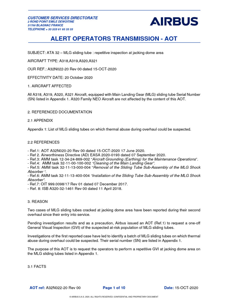 AOT: MLG Sliding Tube Inspection Notice | PDF | Aviation | Aircraft