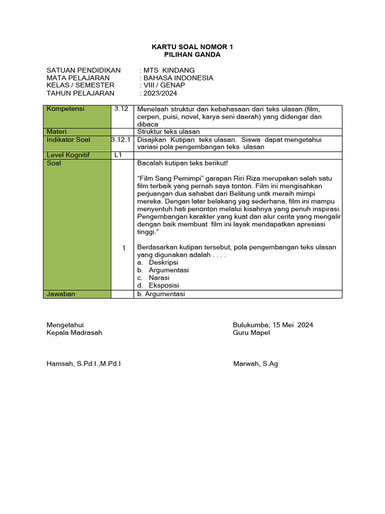 Kartu Soal Pat Bindo KLS 8 2024 | PDF