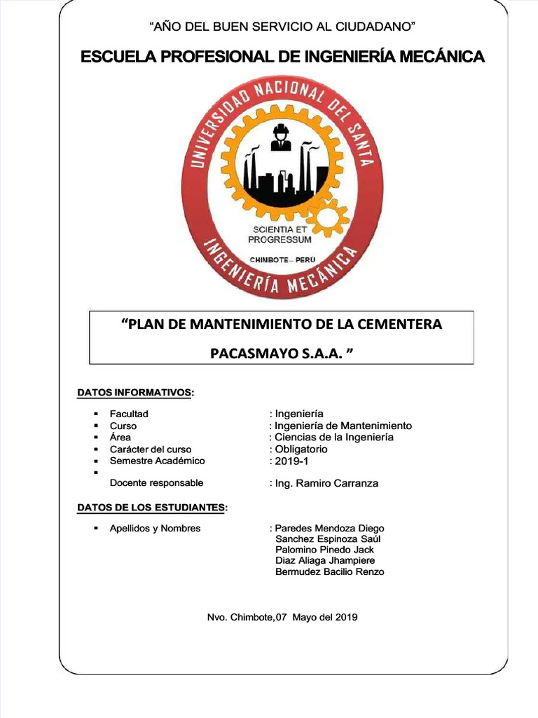 PDF Escuela Profesional de Ingenieria Mecanica Plan de Mantenimiento de La Cementera Pacasmayo ...