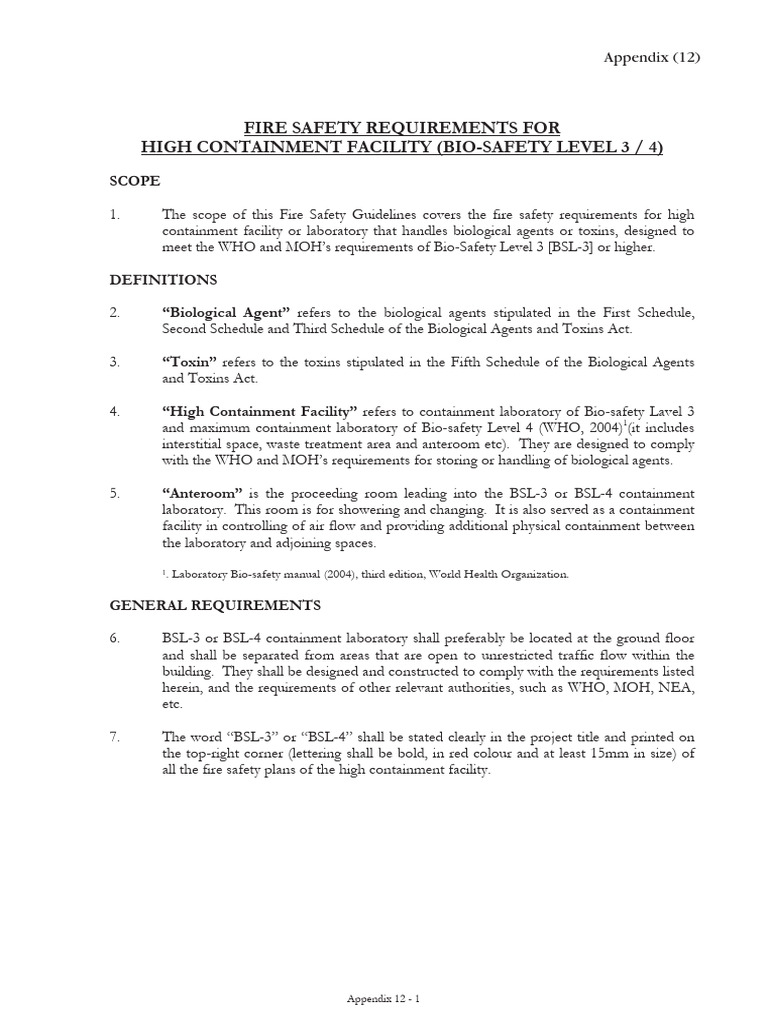 Appendix 12 (Fire Safety Requirements For High Containment Facilities ...