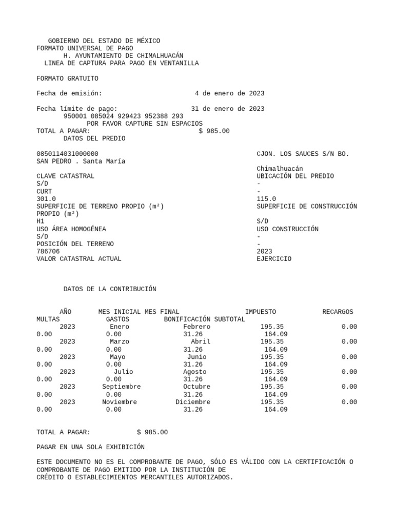 Formato Universal de Pago Predial | PDF