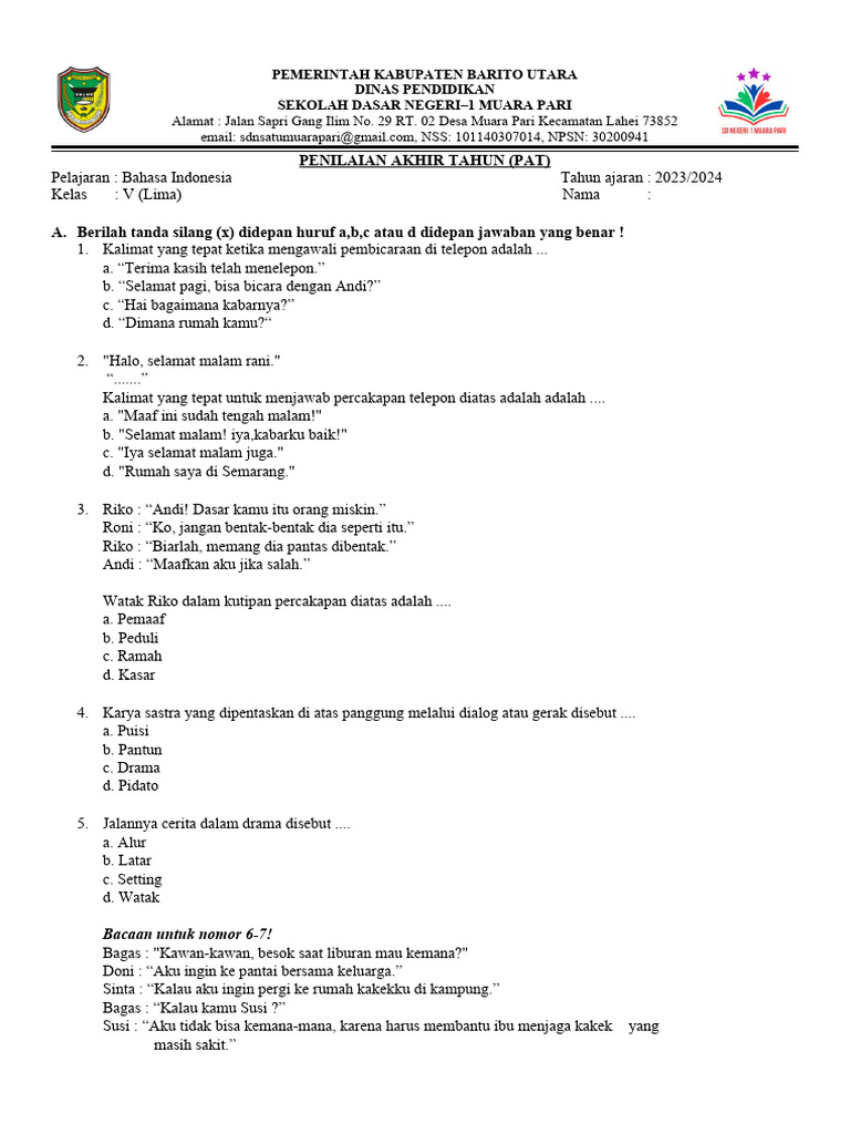 Soal PAT Bahasa Indonesia Kelas 5 Sem 2 | PDF
