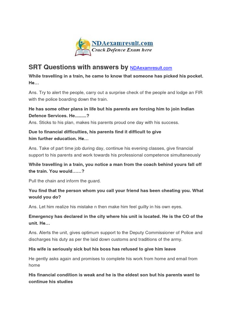 SRT Questions With Answers by NDAexamresult | PDF
