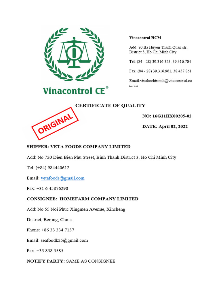 Certificate of Quality - Veta | PDF | Vietnam