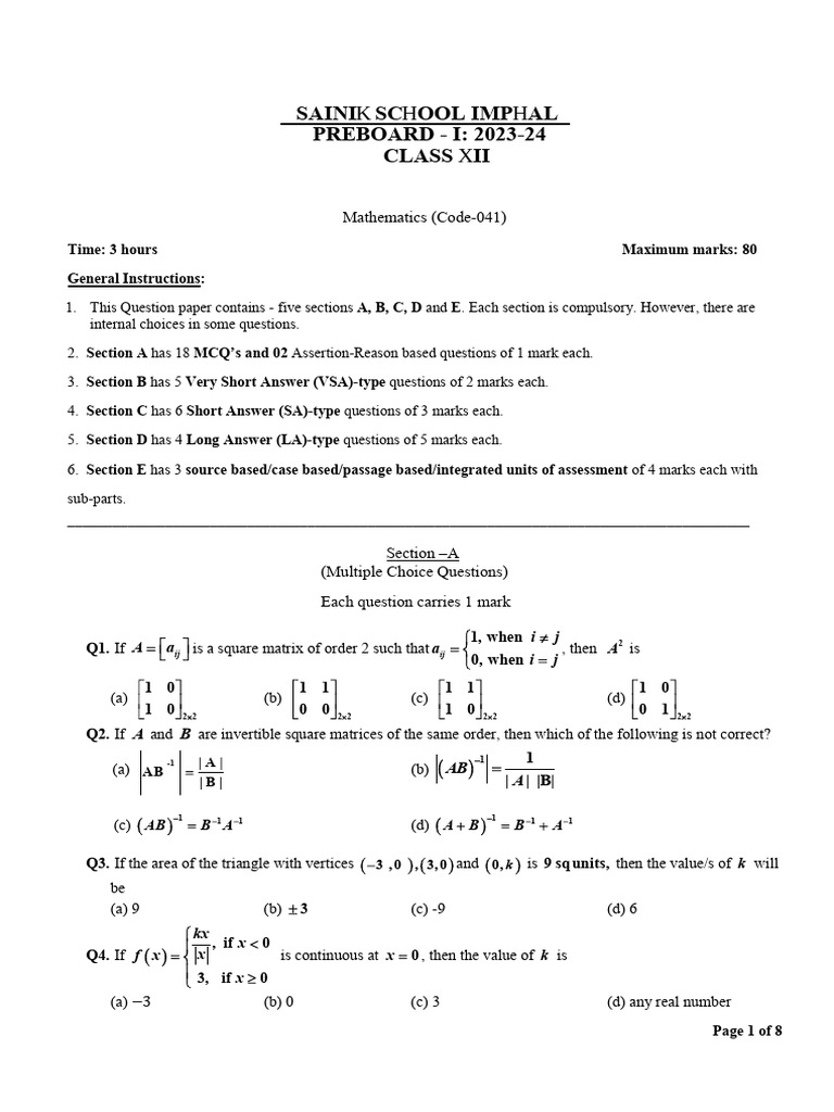 Class 12 Maths Preboard 1 Set 2 | Download Free PDF | Mathematical Objects | Applied Mathematics