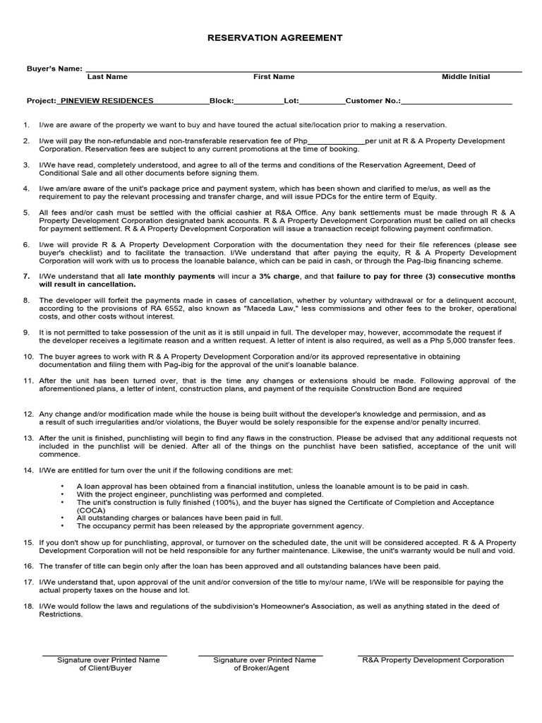 Reservation Agreement Format | PDF | Fee | Banks