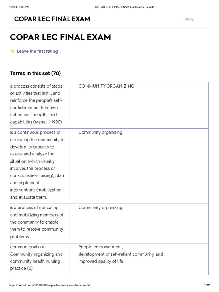 Copar Lec Final Exam Flashcards - Quizlet | PDF | Risk | Community