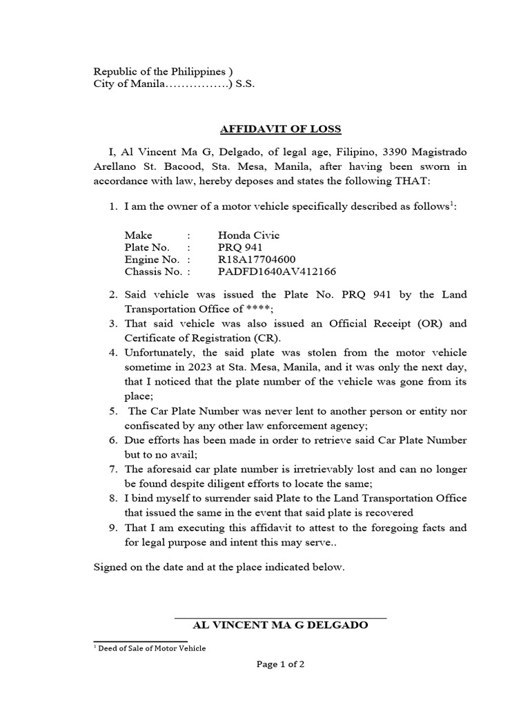 Affidavit of Loss for Car Plate PRQ 941 | PDF | Affidavit | Vehicles