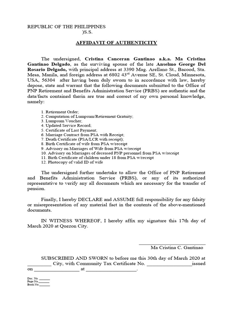 Affidavit of Authenticity for Pension Transfer | PDF
