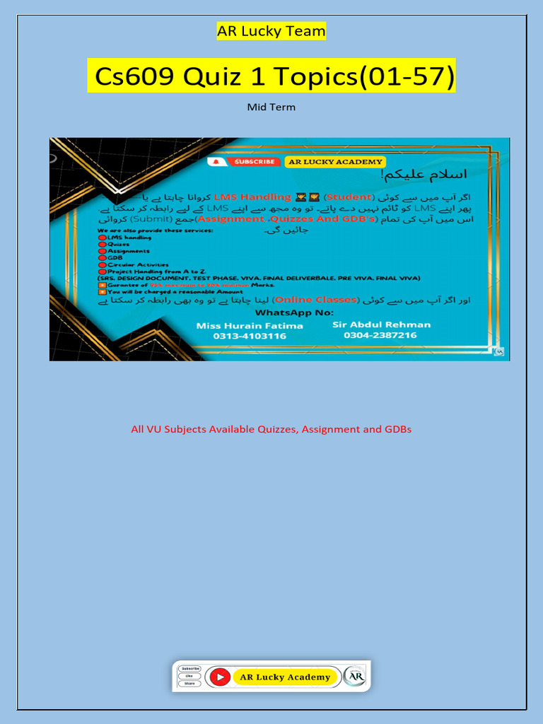 Cs609 Quiz 1 Topic (01-57) BY AR Lucky Team | PDF | Quiz Games ...