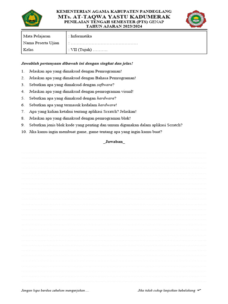 Soal Dan Kunci PTS Genap Informatika 7 | PDF