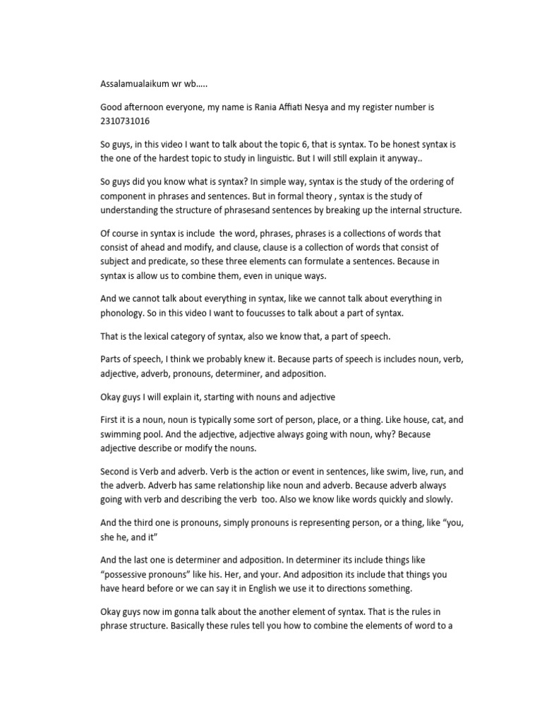 Syntax | PDF | Part Of Speech | Noun