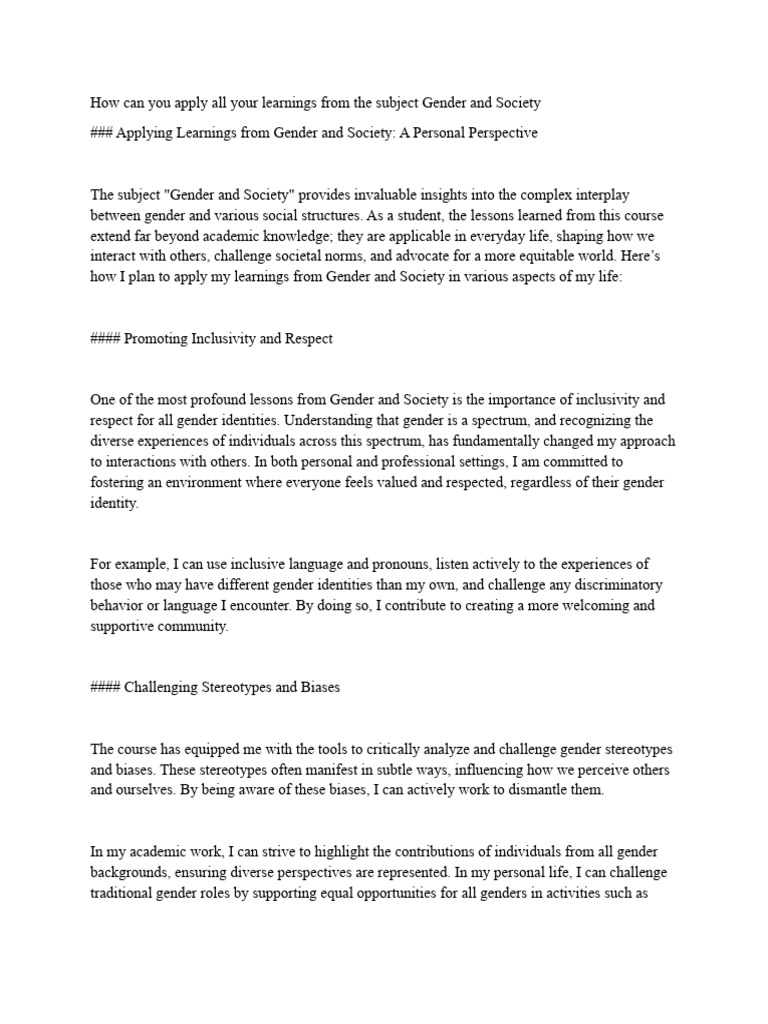 How Can You Apply All Your Learnings From The Subject Gender and ...