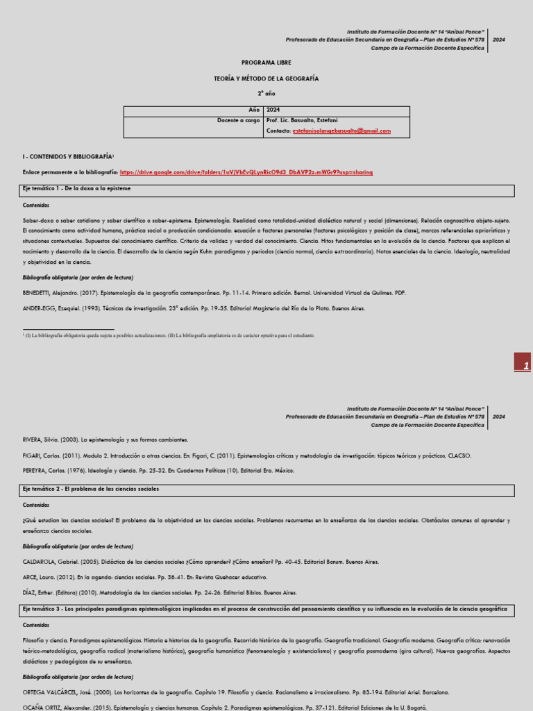 Programa Libre 2024 - Teoría y Método de La Geografía | PDF | Maestros | Geografía