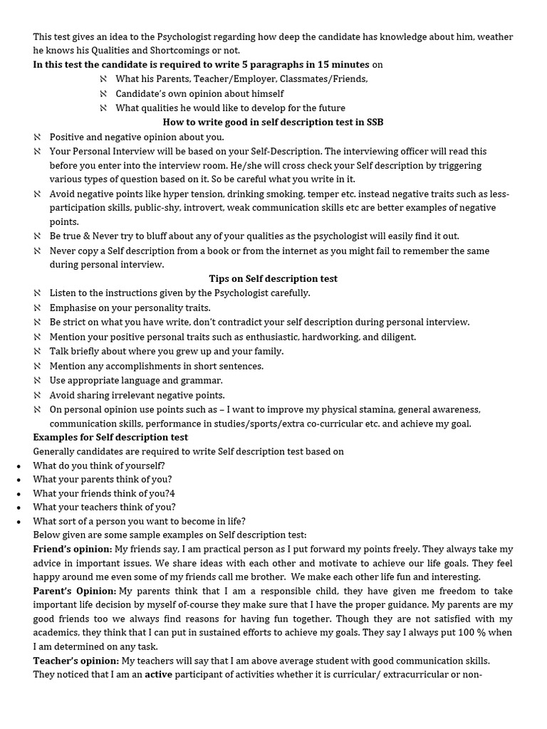 Self Description Test | PDF | Teachers | Behavior Modification