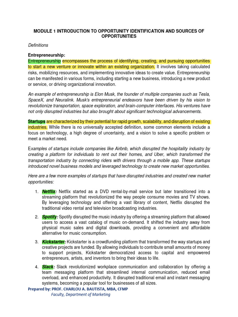 Module 1 Introduction To Opportunity Identification and Sources of ...