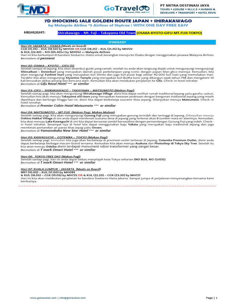 7D SHOCKING SALE GOLDEN ROUTE JAPAN + SHIRAKAWAGO 2024 Upd Jan 2024 | PDF